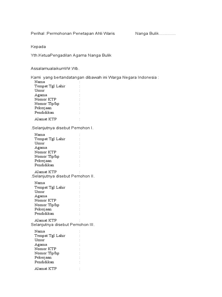 Contoh Permohonan Waris | PDF | Politik | Hukum