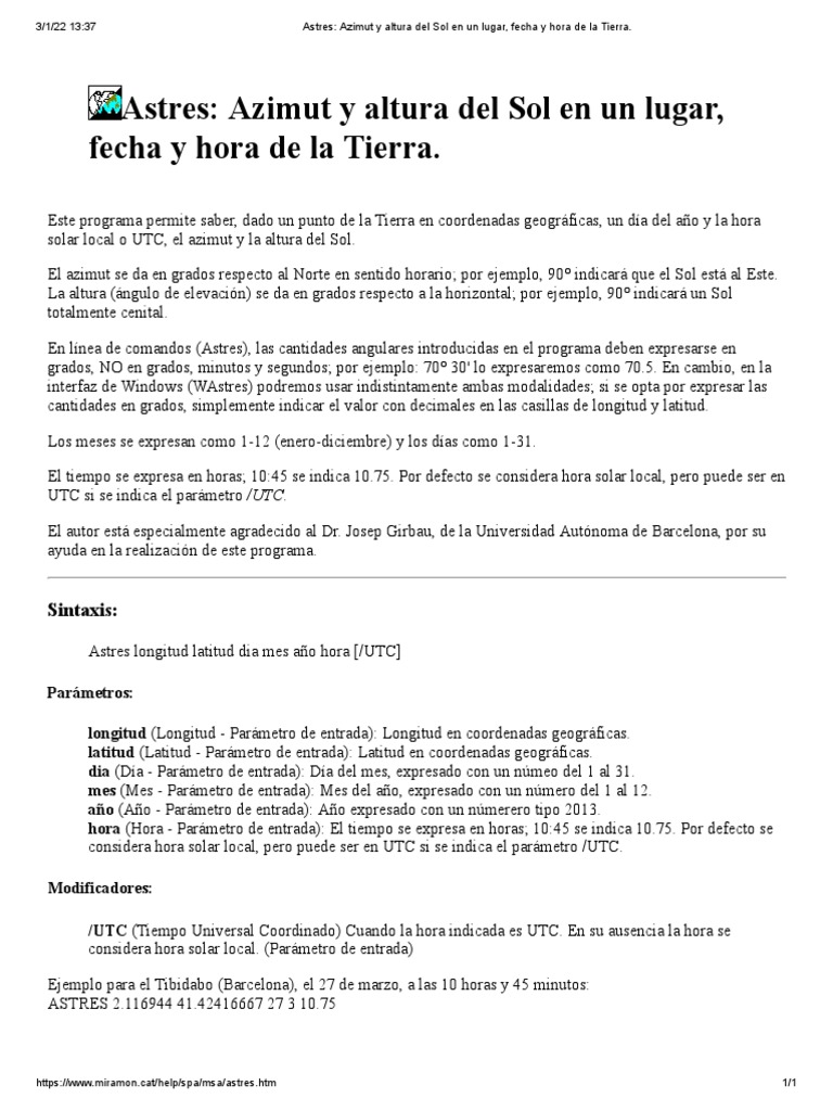 Astres_ Azimut y altura del Sol en un lugar, fecha y hora de la Tierra ...