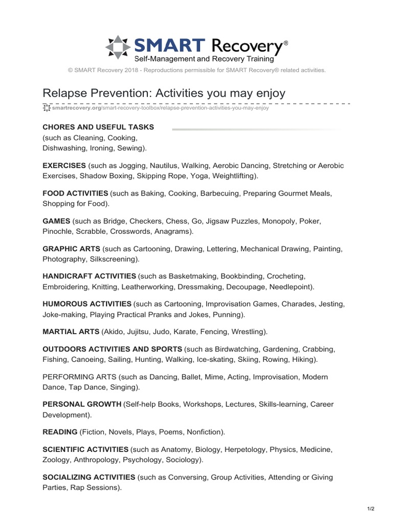 Relapse Prevention Activities You May Enjoy | PDF