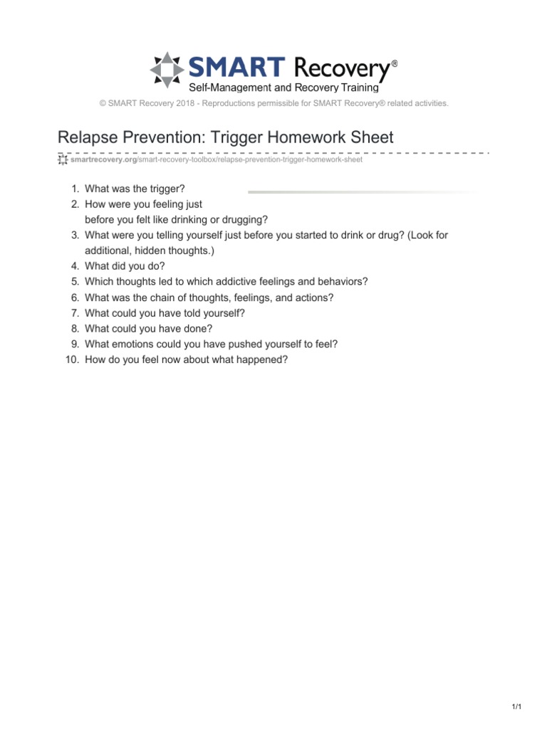 Relapse Prevention Trigger Homework Sheet | PDF