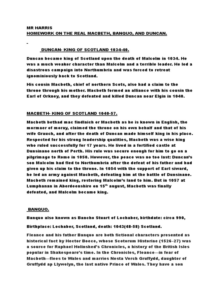 Homework On The Real Macbeth Banquo and Duncan | PDF | Scottish People ...