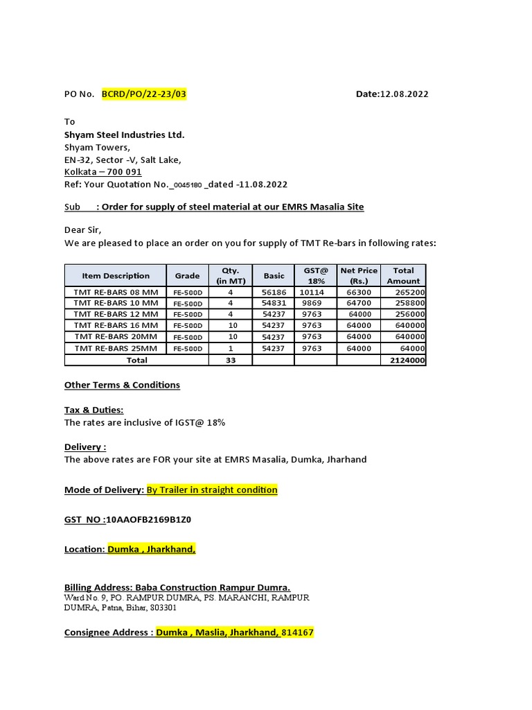 Baba Construction - Dumka - 12.08.2022 P O Format | PDF