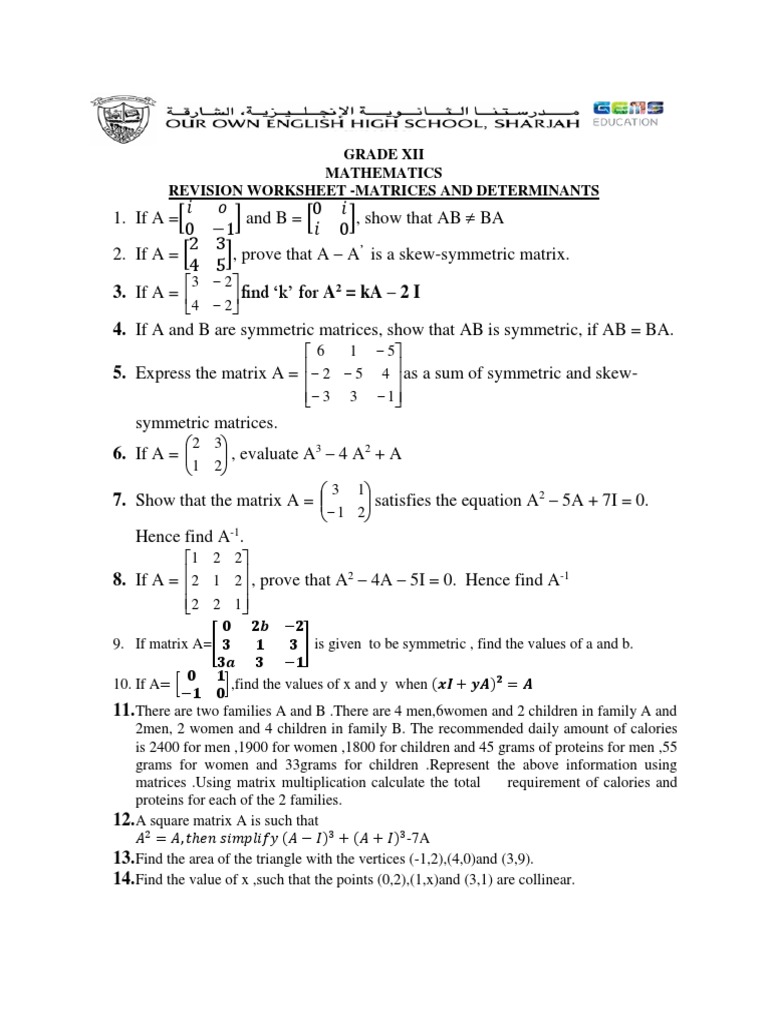 Revision Worksheet - Matrices and Determinants | Download Free PDF | Matrix (Mathematics ...