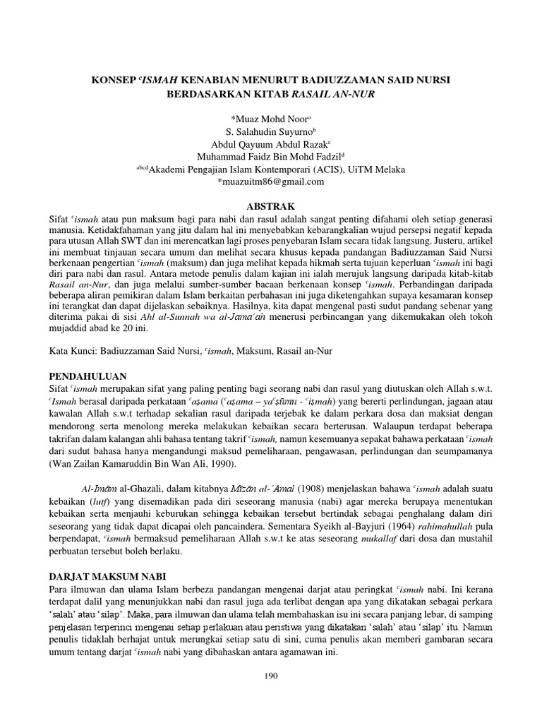 Konsep 'Ismah Kenabian Menurut Badiuzzaman Said Nursi Berdasarkan Kitab ...