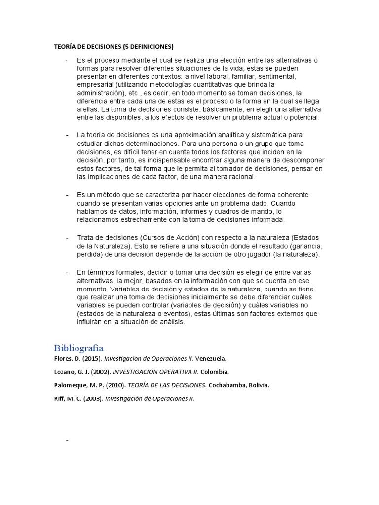 TEORÍA DE DECISIONES | PDF | Toma de decisiones | Metodología