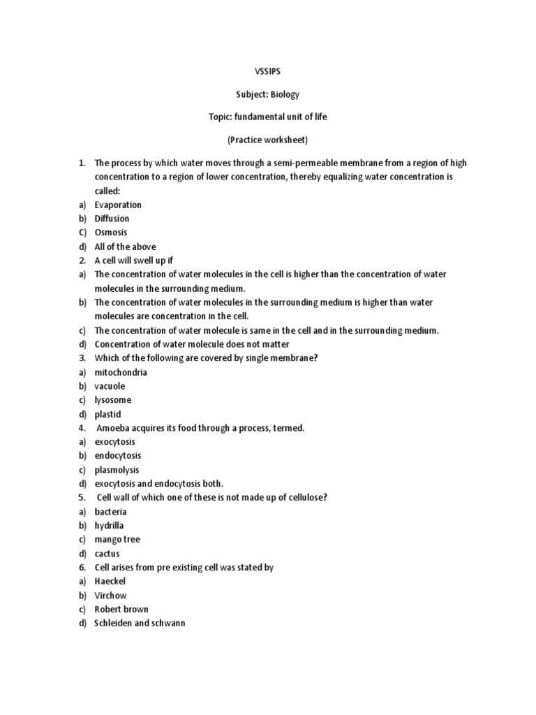 Fundamental Unit of Life Class 9 Ws | PDF | Cell (Biology) | Organelle