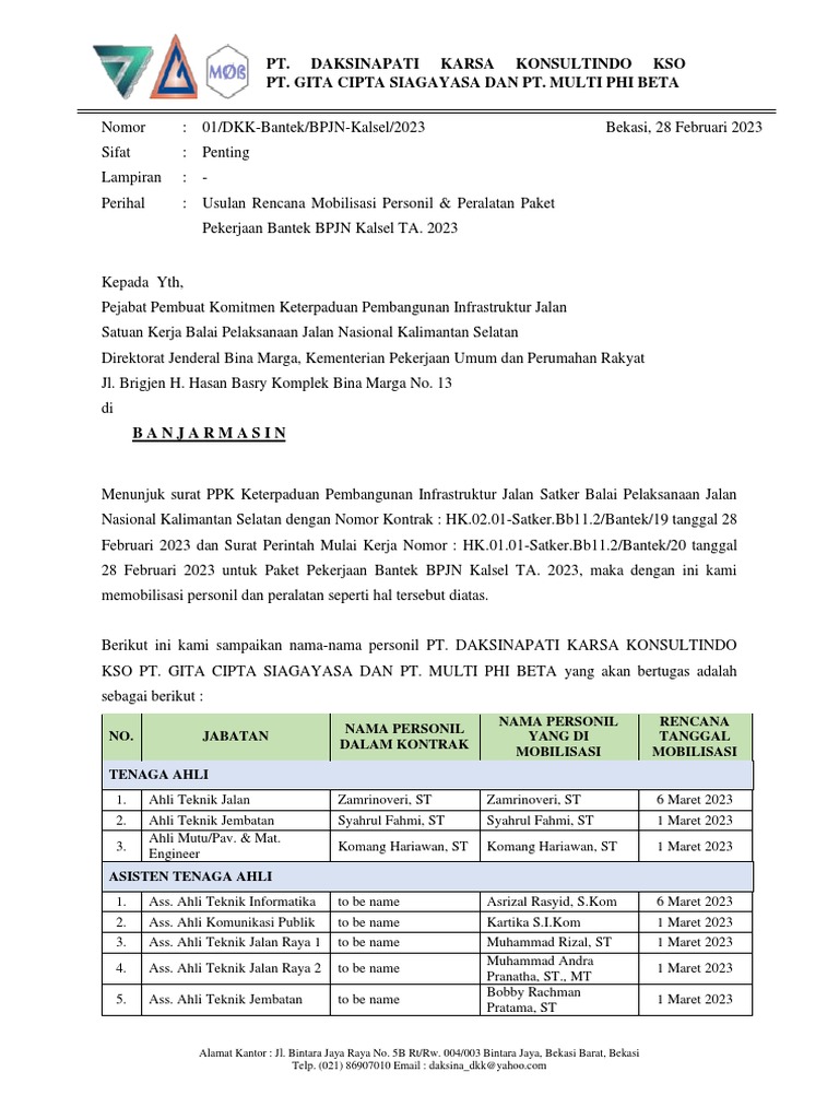 Mobilisasi Personil Bantek 2023 | PDF