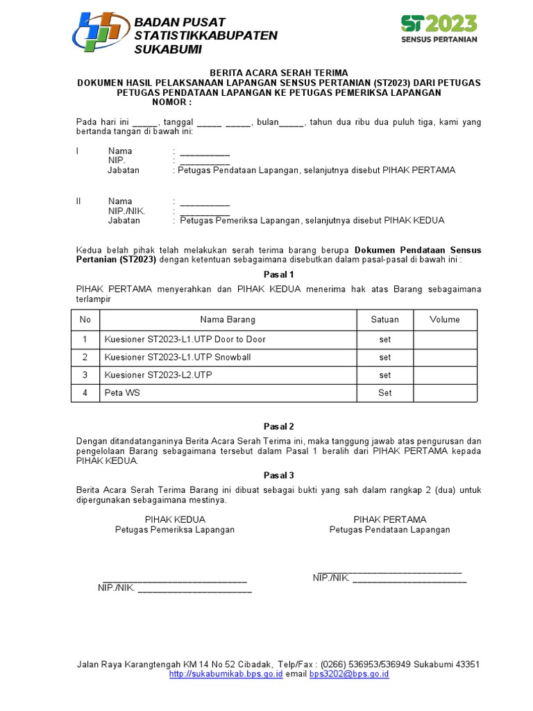 Berita Acara Serah Terima Dok HASIL ST2023 Dari PPL-PML | PDF