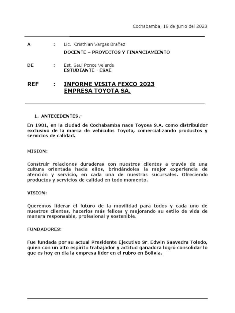 Fexco EMPRESA TOYOTA | PDF | Toyota | Bolivia