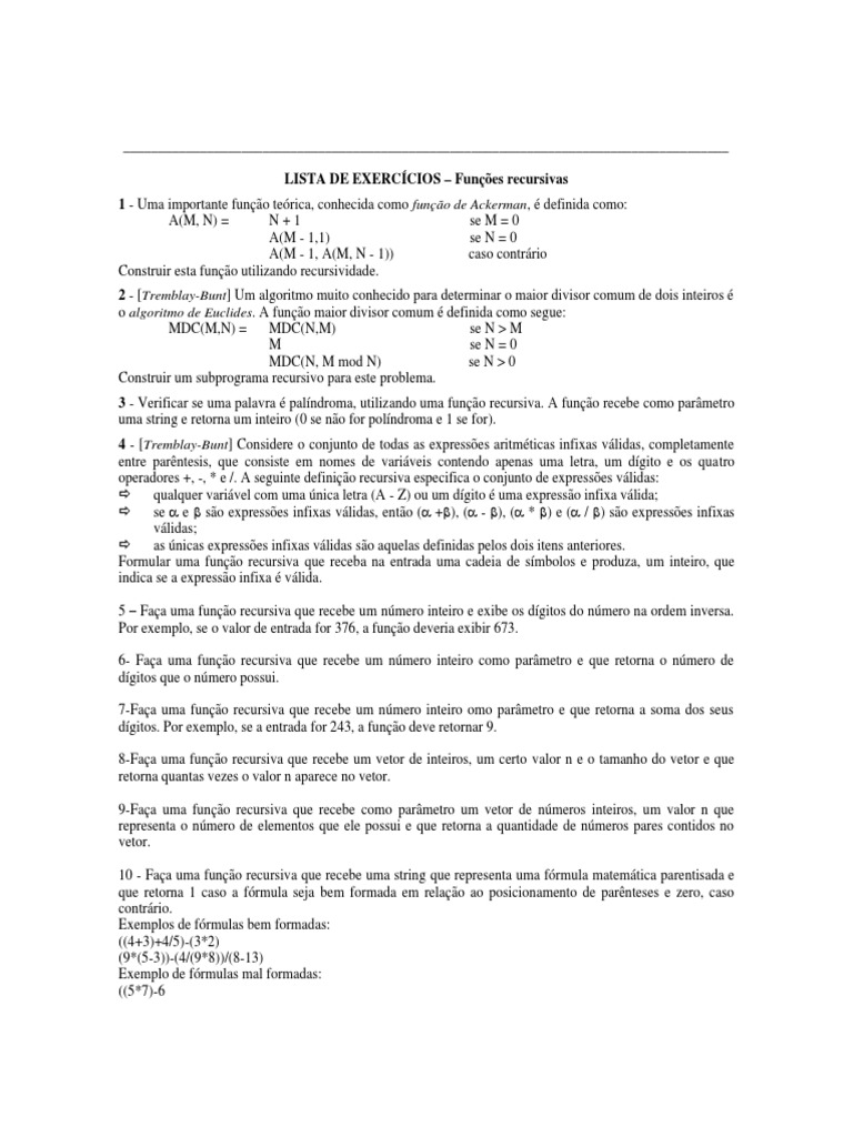 Lista 12 - funções recursivas | PDF | Recursão | Função (Matemática)