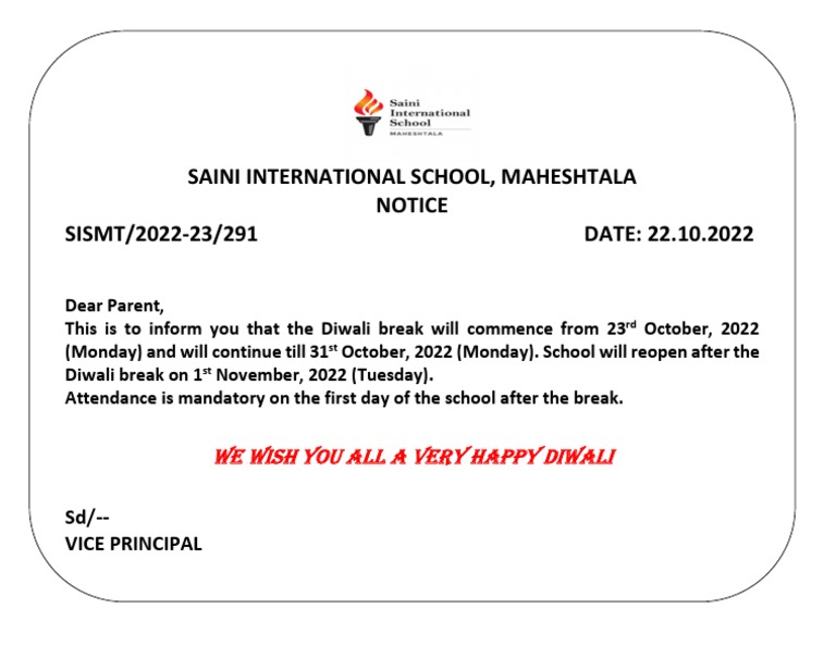 DIWALI BREAK NOTICE, NO. 291 | PDF