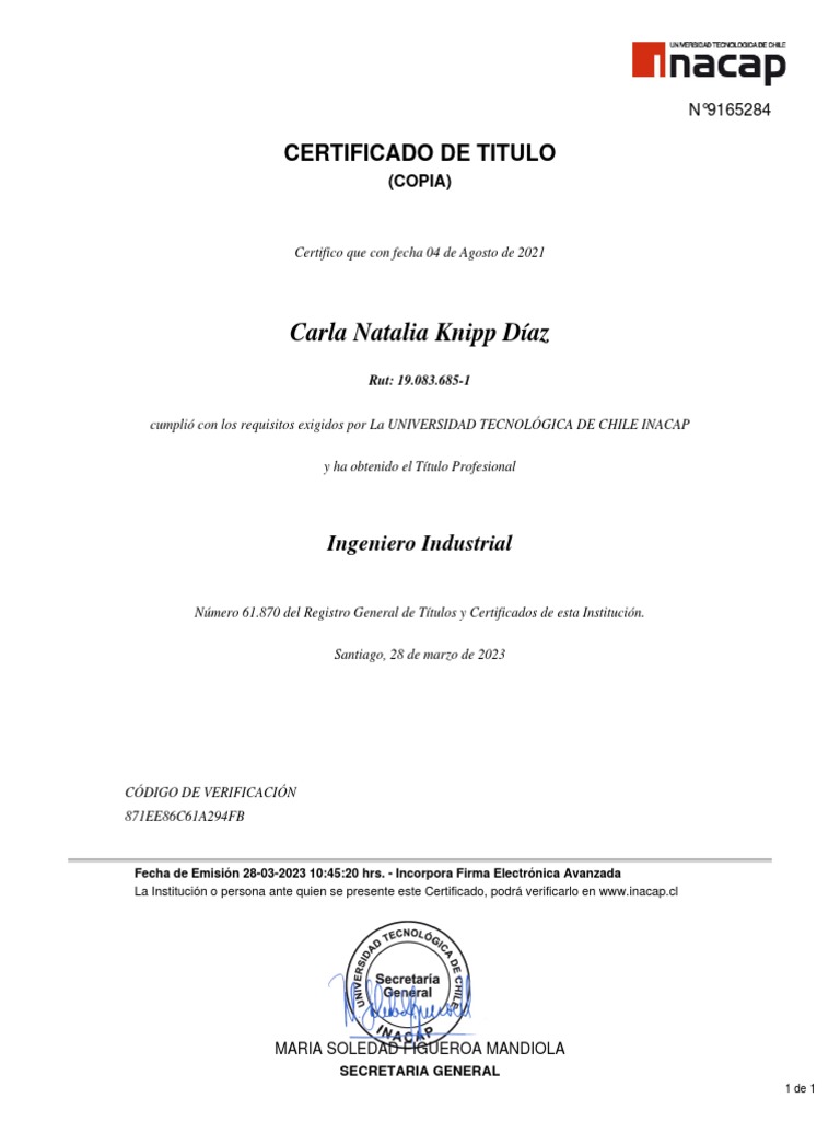 Certificado de Título: Ingeniero Industrial | PDF
