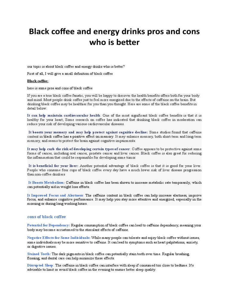 Black Coffee and Energy Drinks Pros and Cons Who Is Better | PDF ...