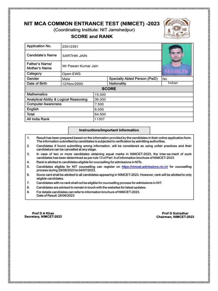 Nit Mca Common Entrance Test (Nimcet) - 2023: Score and Rank | PDF