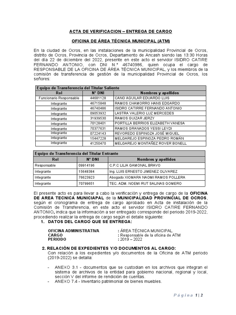 ACTA DE ENTREGA DE CARGO - Modelo. | PDF | Gobierno