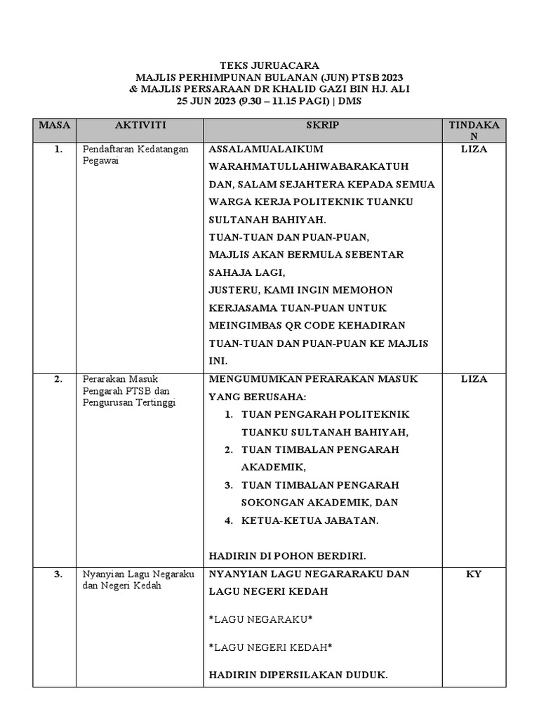 Skrip Emcee Perhimpunan Bulanan Dan Persaraan Update 25.6.2023 | PDF