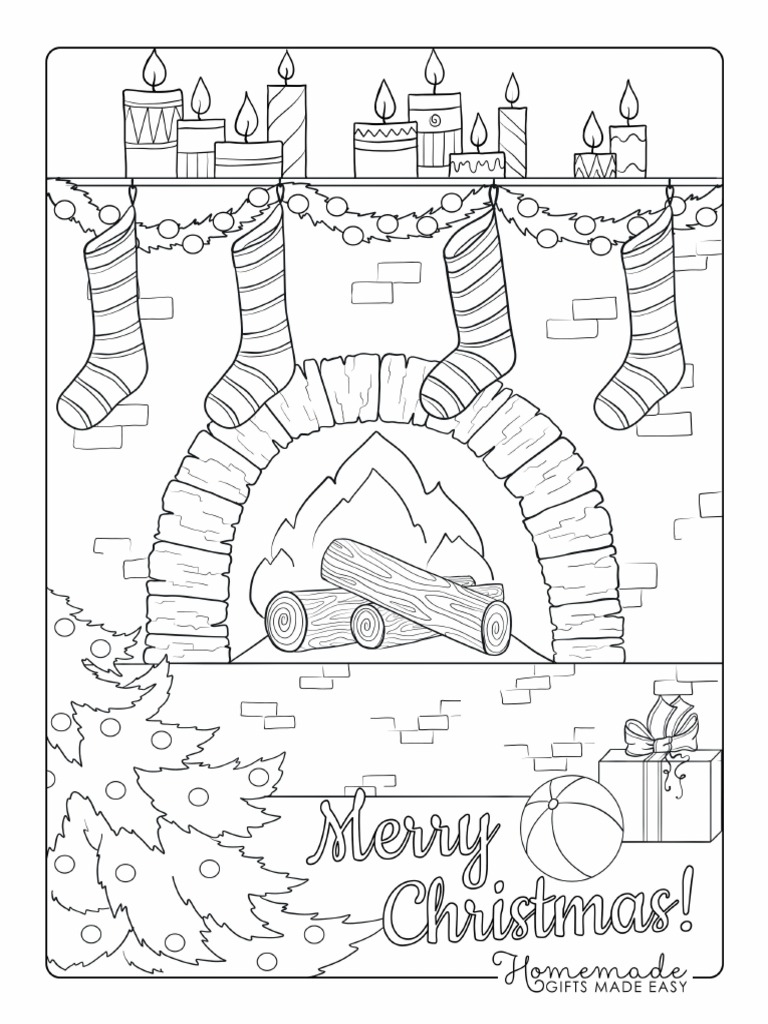 christmas-coloring-pages-fireside-tree-gifts-stockings | PDF