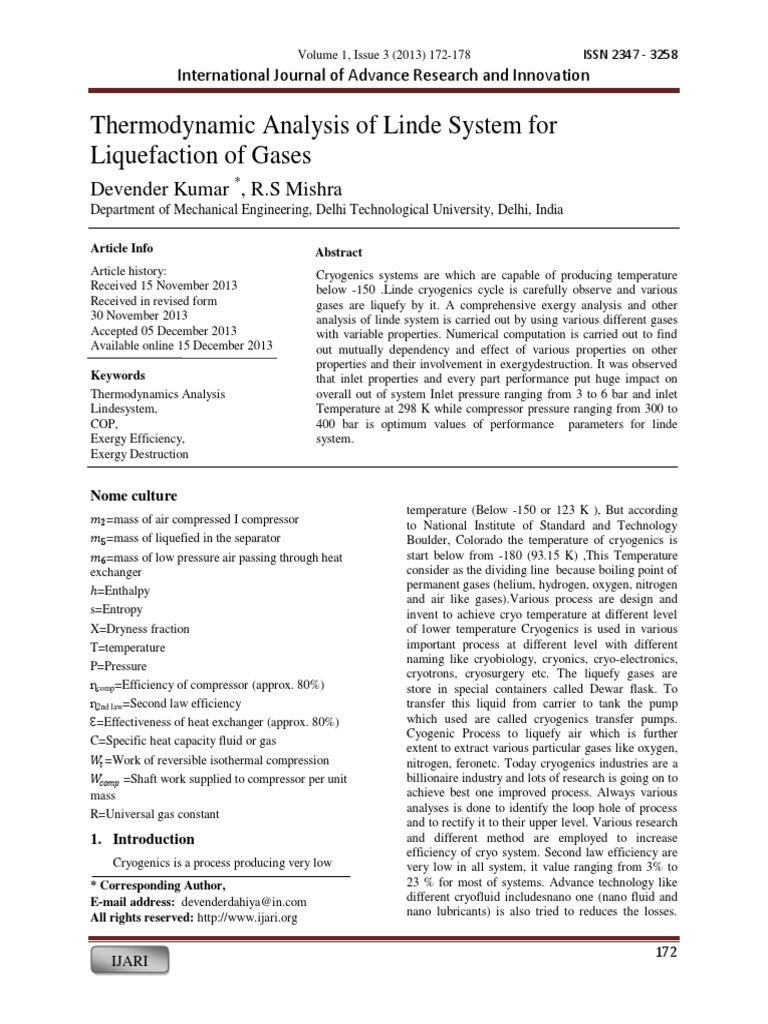 Thermodynamic Analysis of Linde System for Liquefaction of Gases | PDF | Exergy | Cryogenics