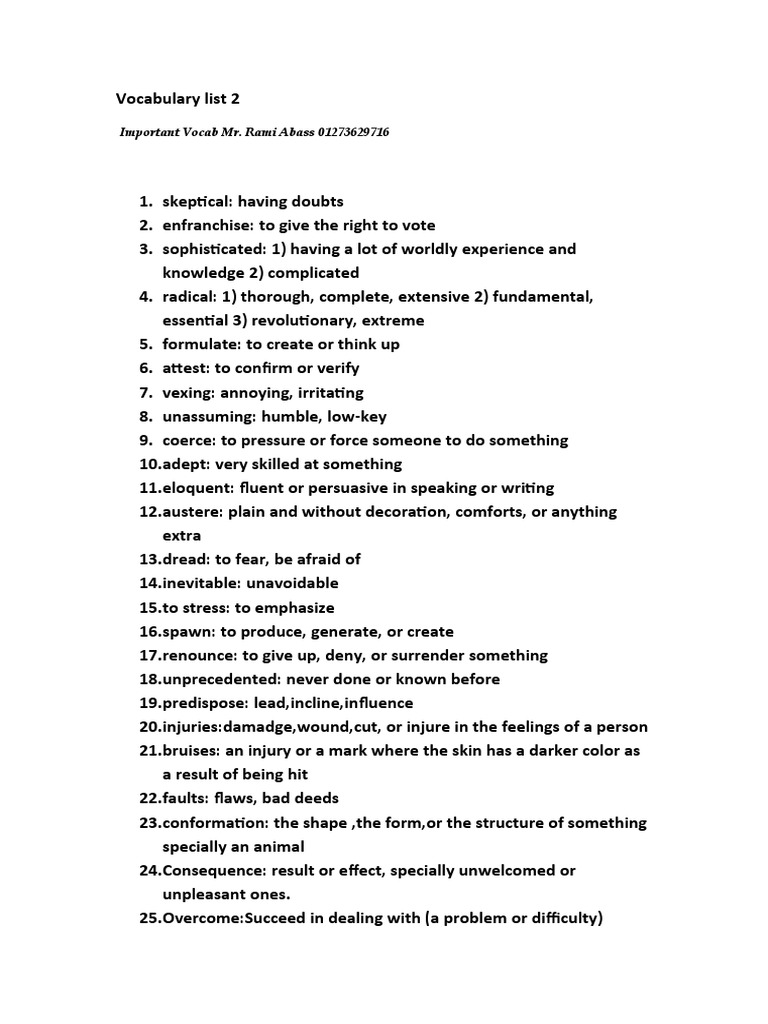 Vocabulary list 2 | PDF