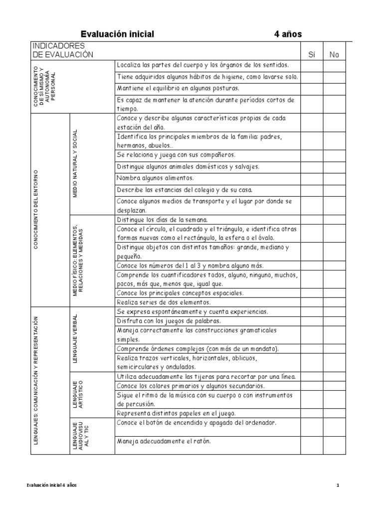 Evaluacion Inicial 4 Anos | PDF