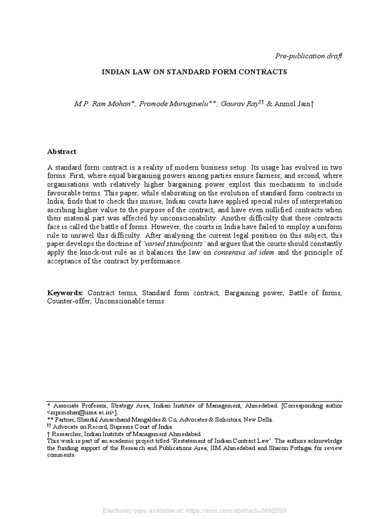 M.P.Ram Mohan, Indian Law On Standard Form Contracts, 62 Journal of Indian Law Institute (2020 ...