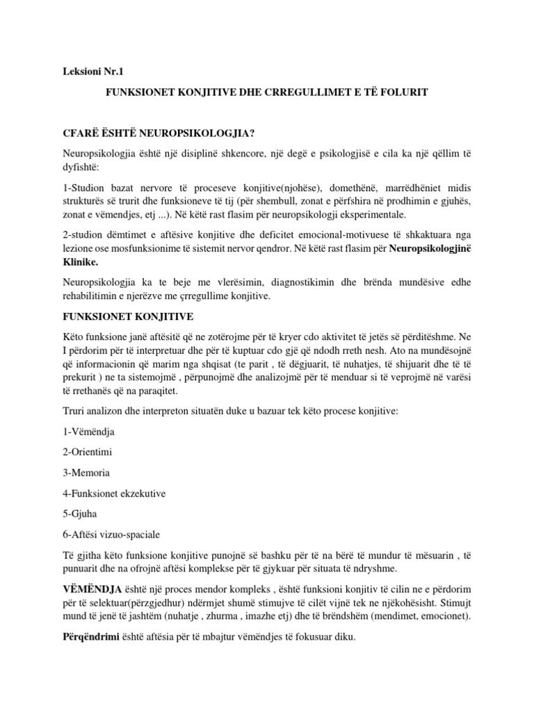 Leksioni NR - 1 Funksionet Konjitive Dhe Crregullimet e Te Folurit | PDF