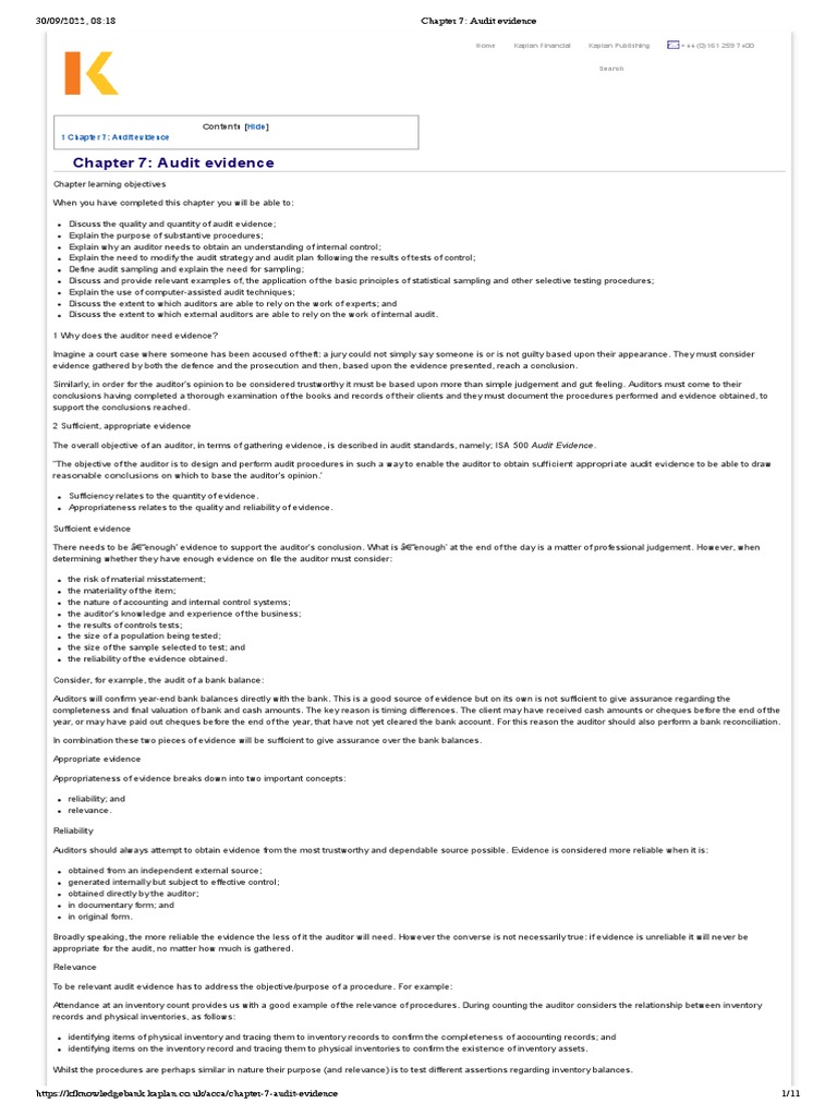 Chapter 7 - Audit Evidence | PDF | Audit | Internal Control