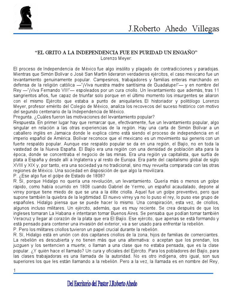 "EL GRITO A LA INDEPENDENCIA FUE EN PURIDAD UN ENGAÑO. Lorenzo Meyer ...