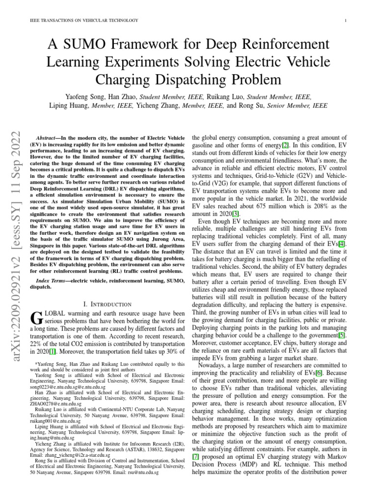 A SUMO Framework For Deep Reinforcement Learning Experiments Solving Electric Vehicle Charging ...