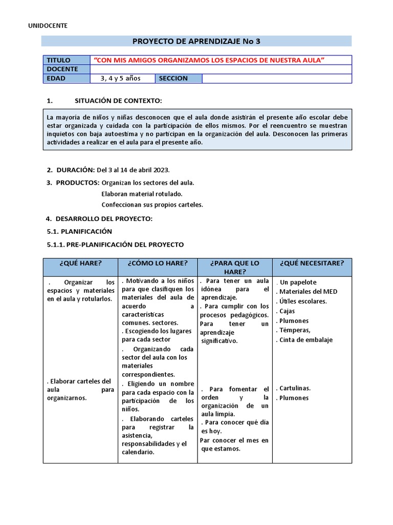 Proyecto 3 Organizamos Nuestra Aula 3, 4 y 5 Años | PDF | Las emociones | Evaluación