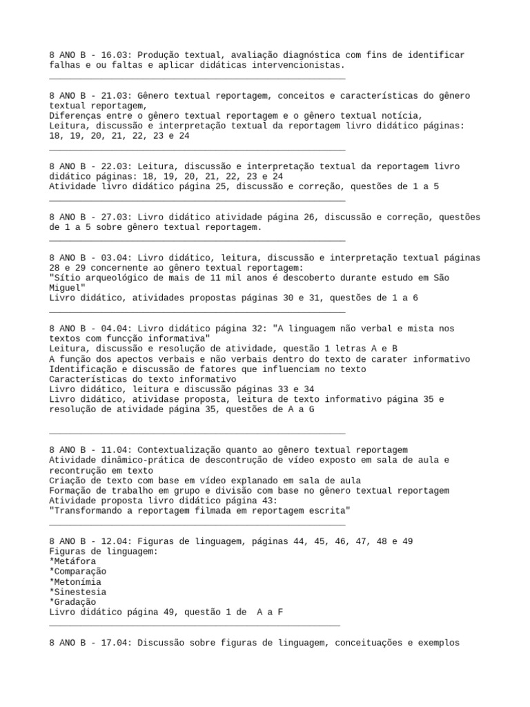 8 Ano B Aulas | PDF | Livros | Linguística