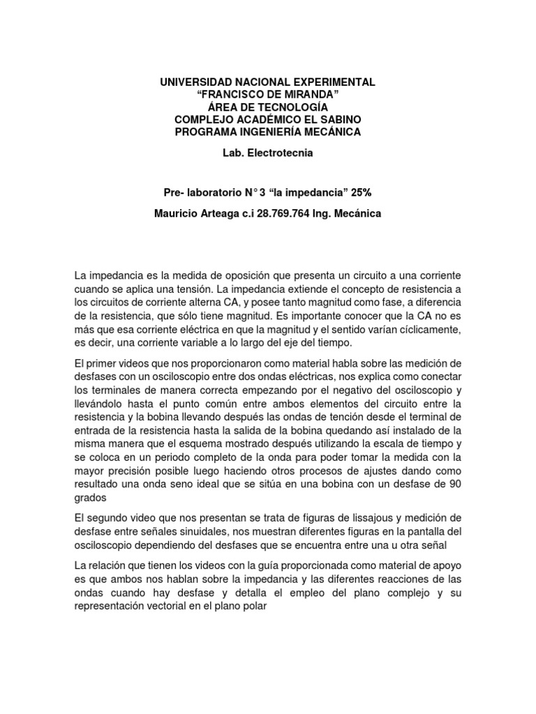 Pre Lab N 3 Mauricio Arteaga 28 769 764 Ing Mecanica Pdf Impedancia Eléctrica Inductor