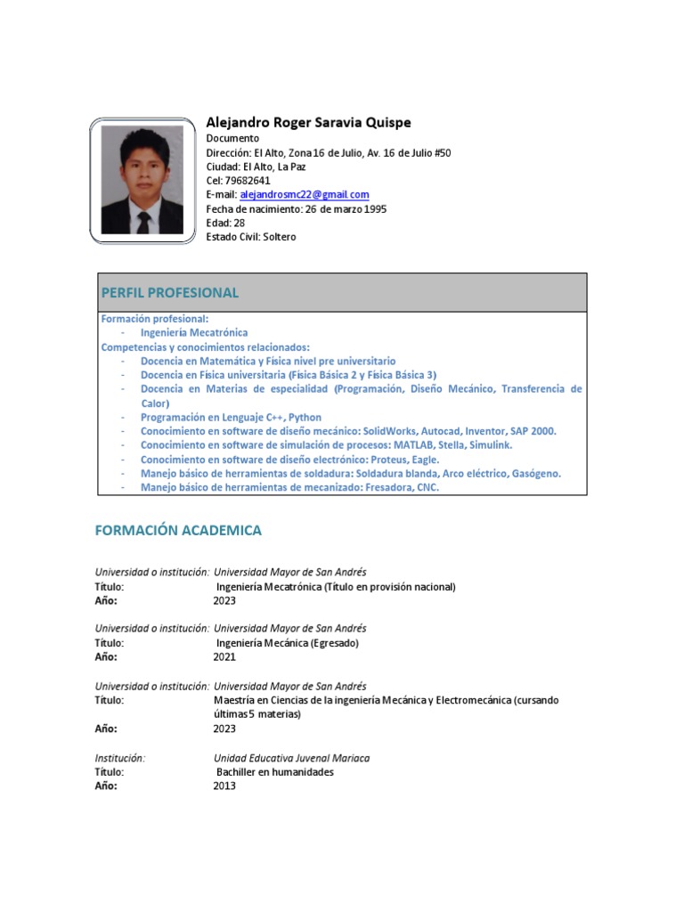 Hoja de Vida Saravia Quispe Alejandro Roger - 070455 | PDF | Enseñando | Ingeniería mecánica
