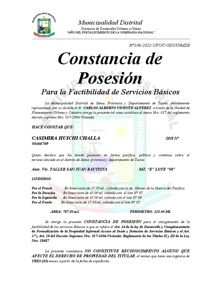 CONSTANCIA DE POSESION | PDF