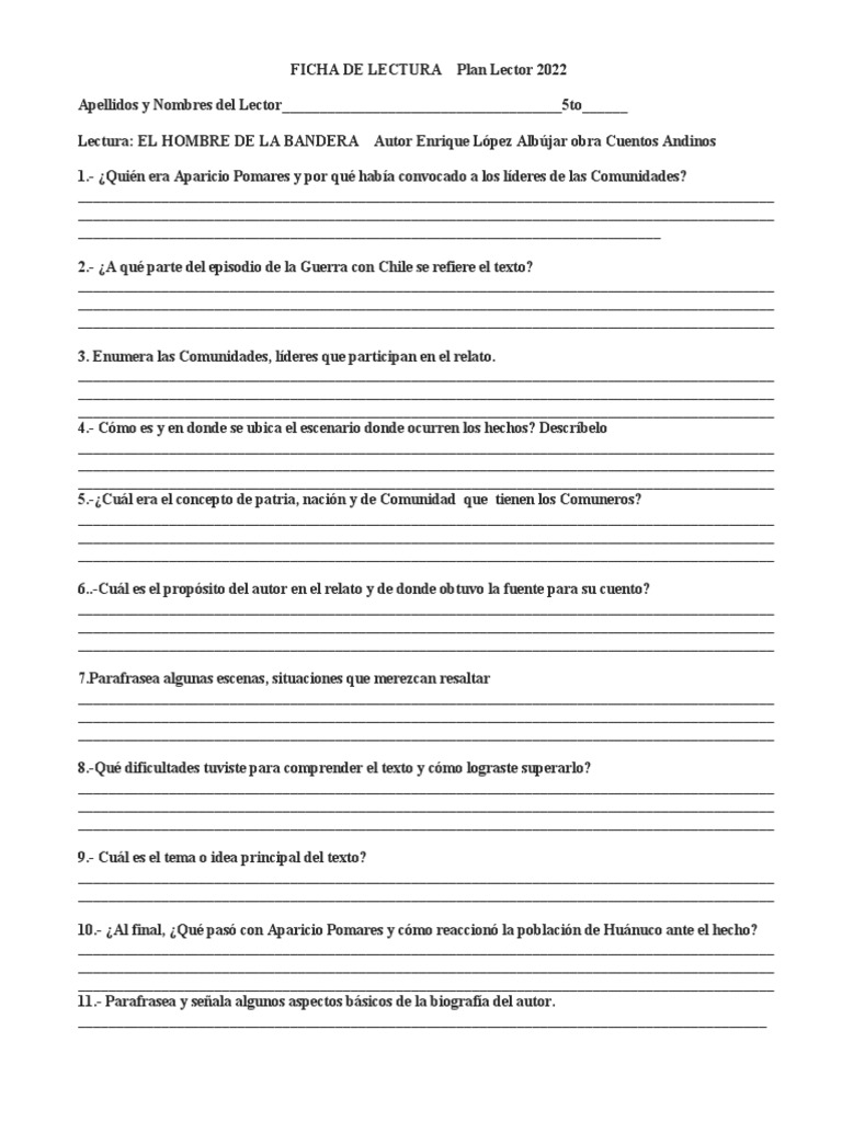 FICHA El Hombre de La Bandera Plan Lector 2022 | PDF