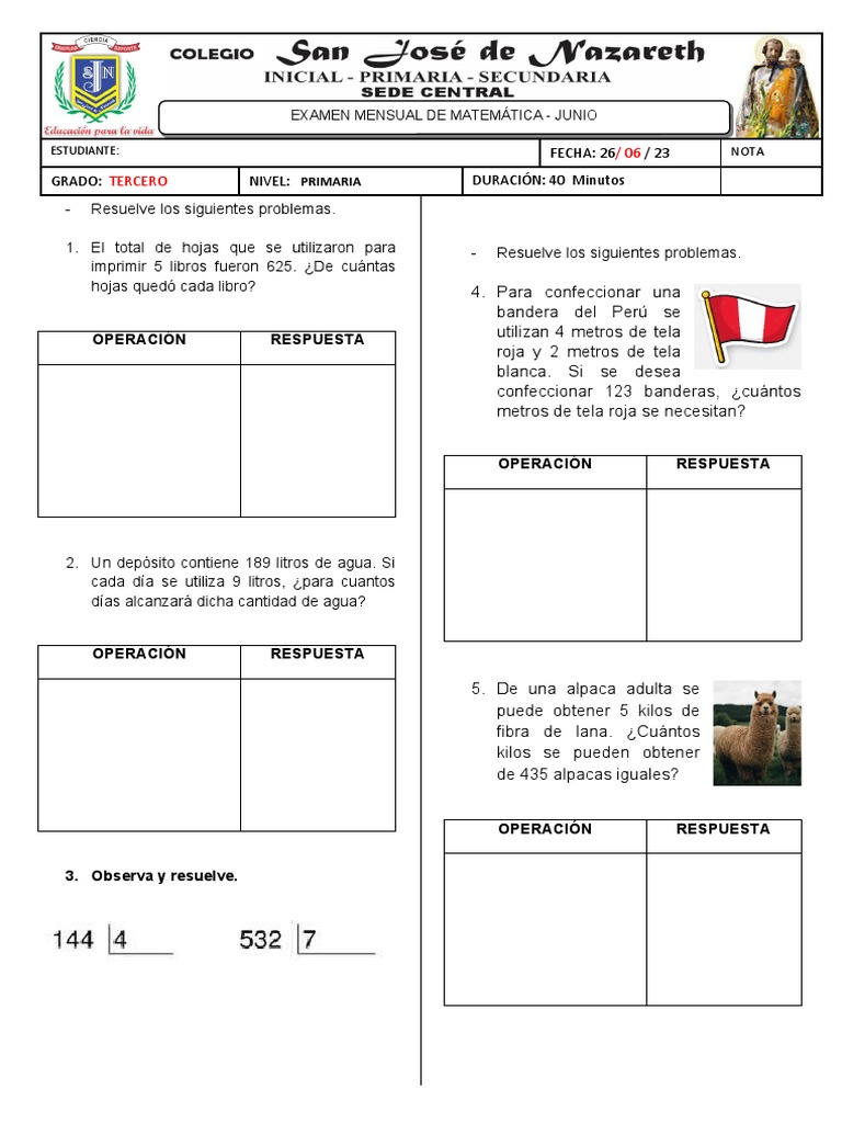 Exa. Mensual Mate - 3° | PDF