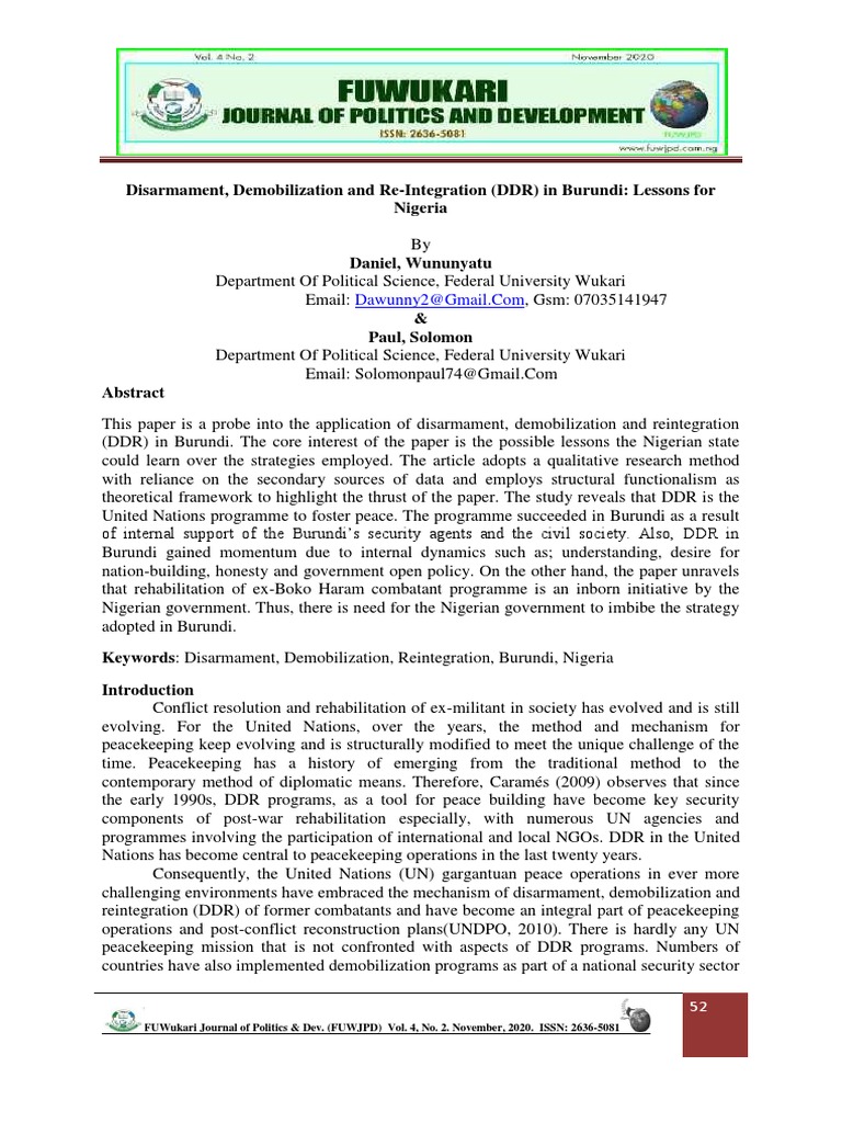 Disarmament, Demobilization and Re-Integration (DDR) in Burundi Lessons ...