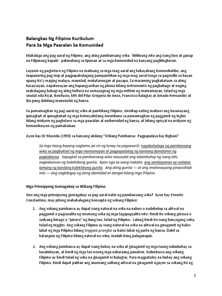 Balangkas Ng Filipino Kurikulum sa mga Paaralan sa Komunidad | PDF