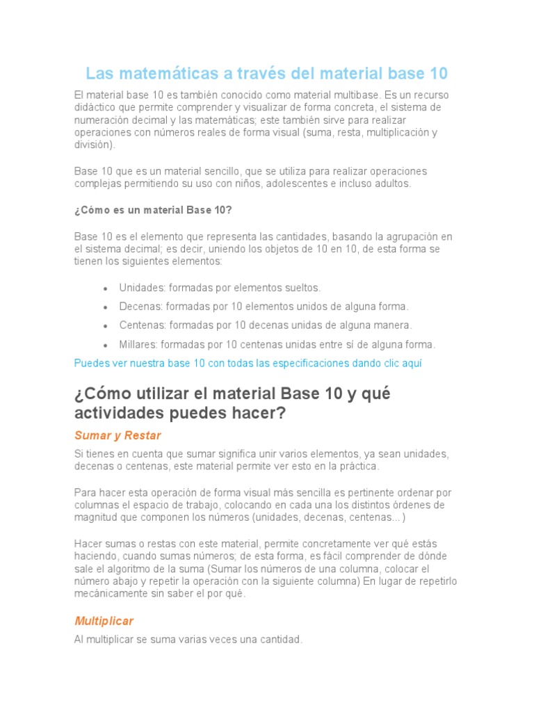 Las Matemáticas A Través Del Material Base 10 | PDF | Números ...
