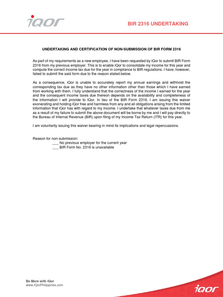 BIR Form 2316 Waiver Undertaking | PDF