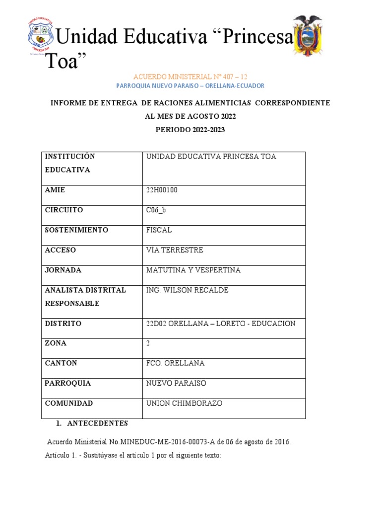 INFORME DE ALIMENTACION ESCOLAR | PDF | Comida y bebida