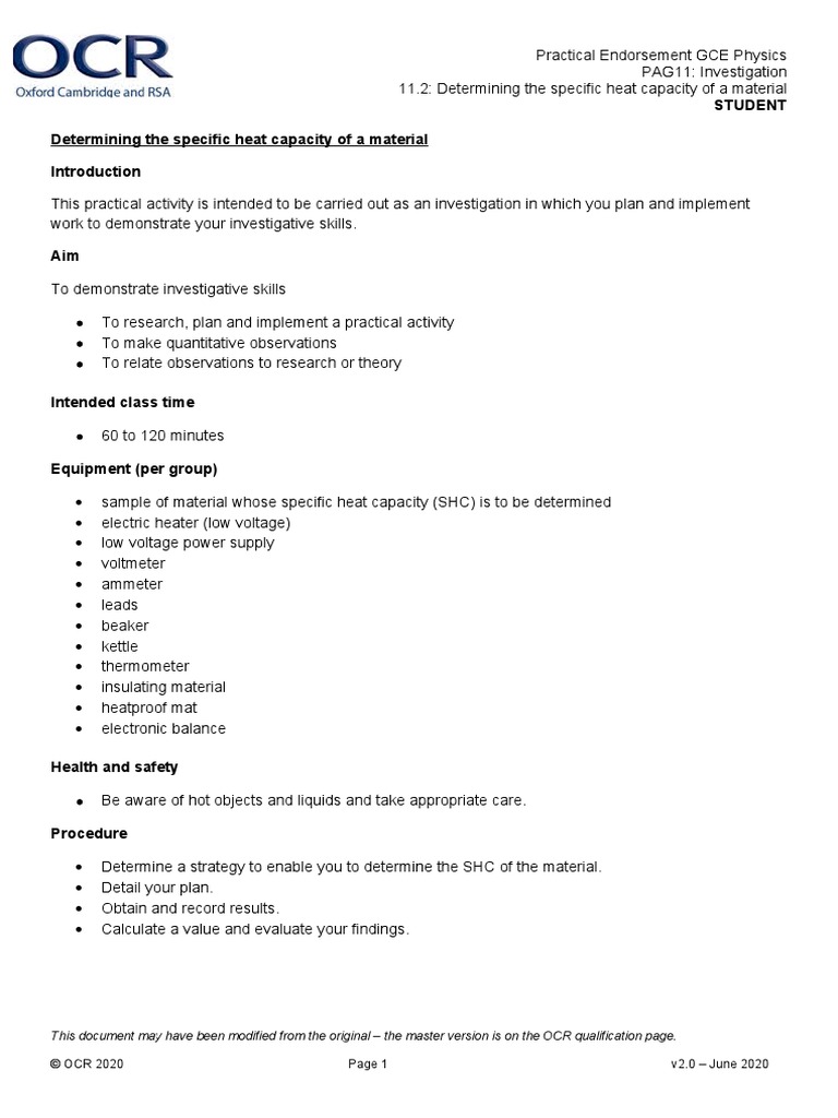 Physics Student Sheet 11.2 Determining The Specific Heat Capacity of A ...