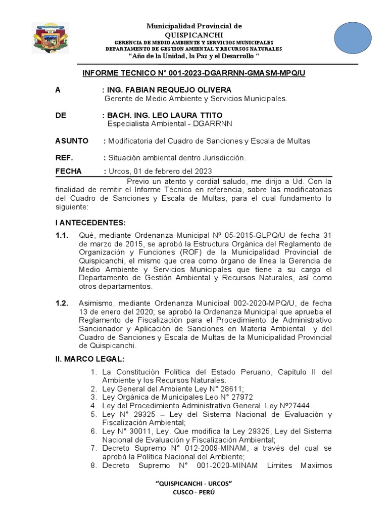 Informe Tecnico 001 Modificacion de Cuis | PDF | Residuos | Multa (pena)