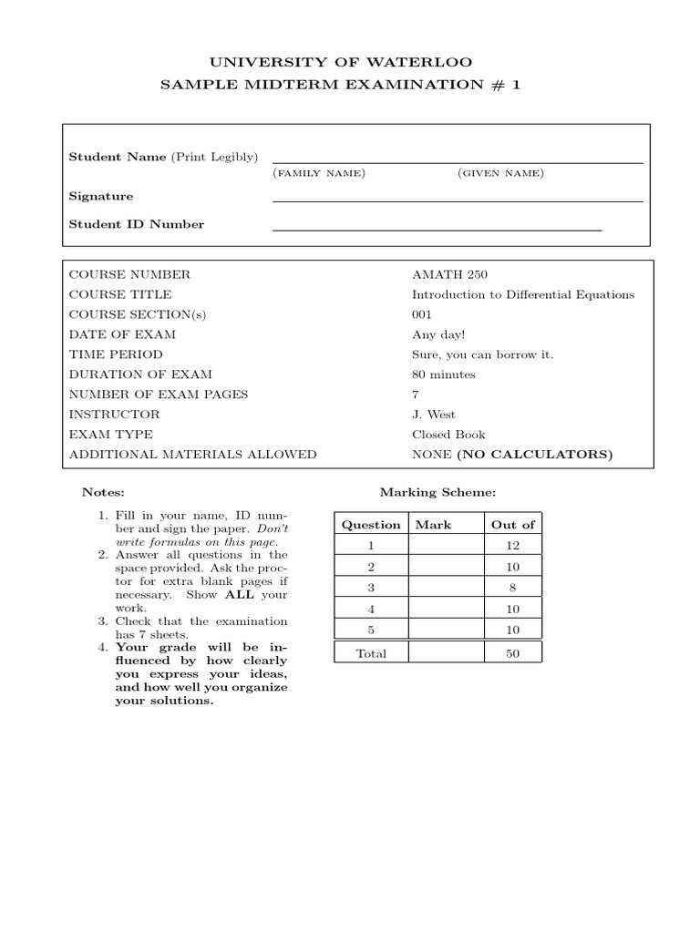 Sample Midterm 1 | PDF | Equations | Mathematical Physics