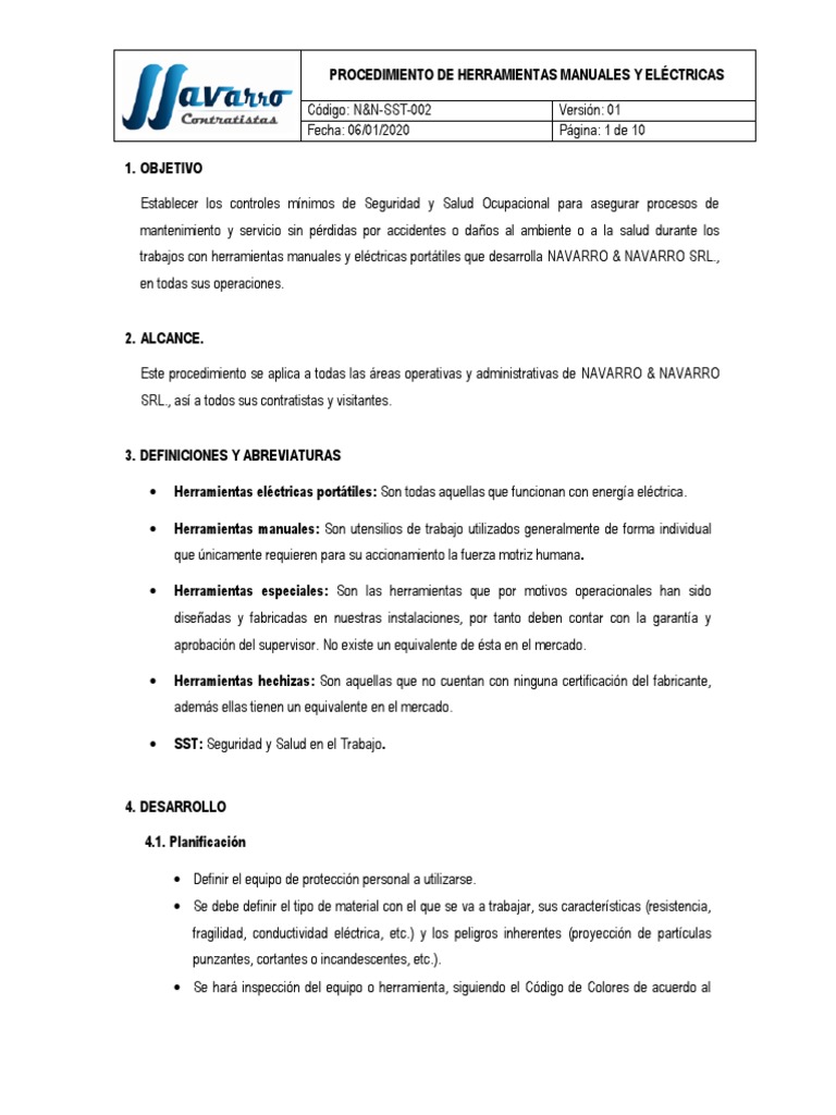 Procedimiento de Trabajo Herramientas Manuales y Eléctricas | PDF | Herramientas | Enchufes y ...