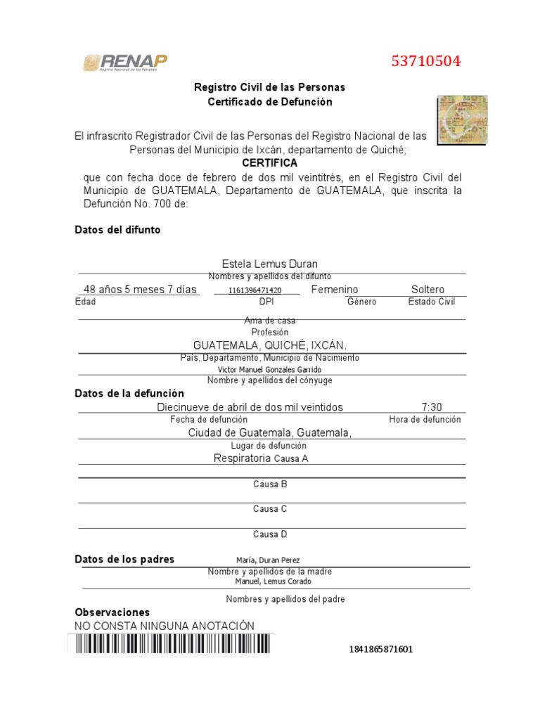 Acta de Defuncion | PDF