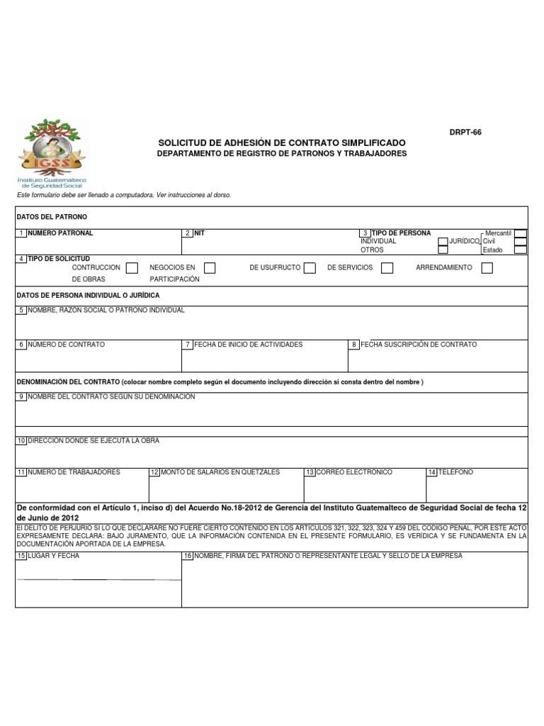 Formulario DRPT 66 Solicitud Contratos Simplificados IGSS Rev 2021 ...