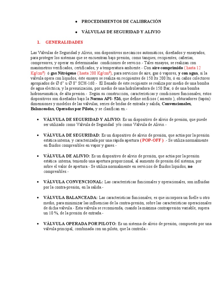 Procedimientos de Calibración de Válvulas de Seguridad, Control, y Bloqueo | PDF | Presión | Gases
