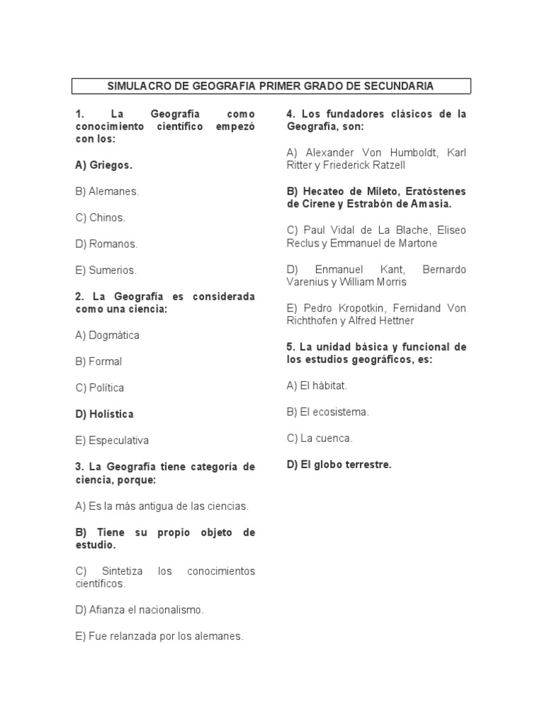 Simulacro de Geografia Primer Grado de Secundaria | PDF Simulacro de Geografia Primer Grado de Secundaria | PDF