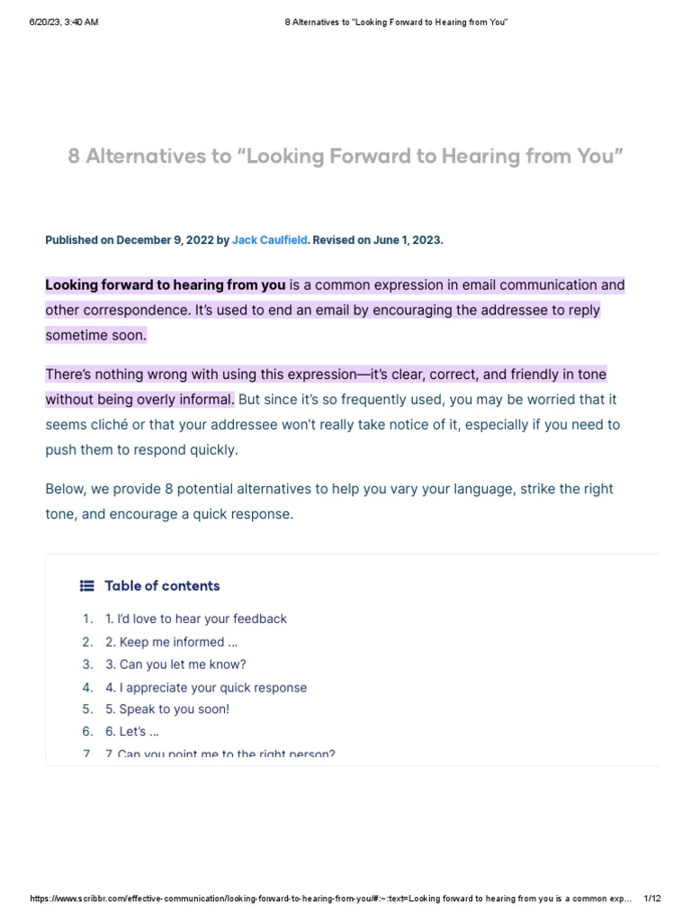 8 Alternatives To "Looking Forward To Hearing From You" | PDF | Question | Subject (Grammar)